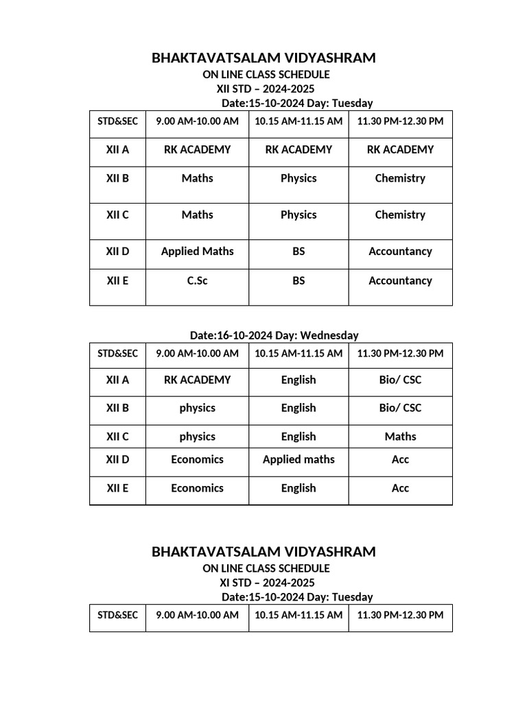 xi n xii ol class timetable | PDF