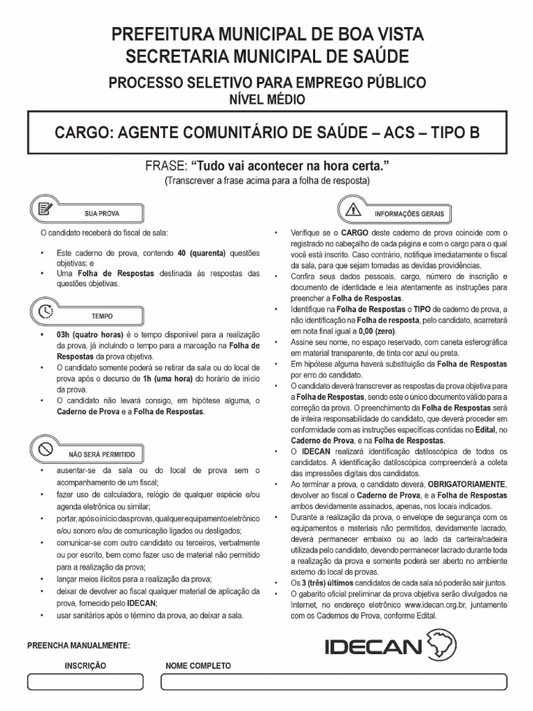 Prova Idecan 2023 Boa Vista | PDF