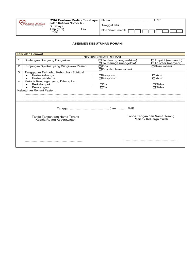 Asesmen Kebutuhan Rohani Dan Pernyataan Pemberian Bimbingan Rohani ...