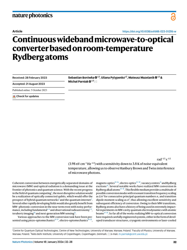 Continuous Wideband Microwave-To-Optical Converter Based On Room-Temperature Rydberg Atoms | PDF