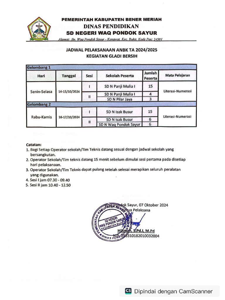 Jadwal Gladi Bersih ANBK 2024 | PDF