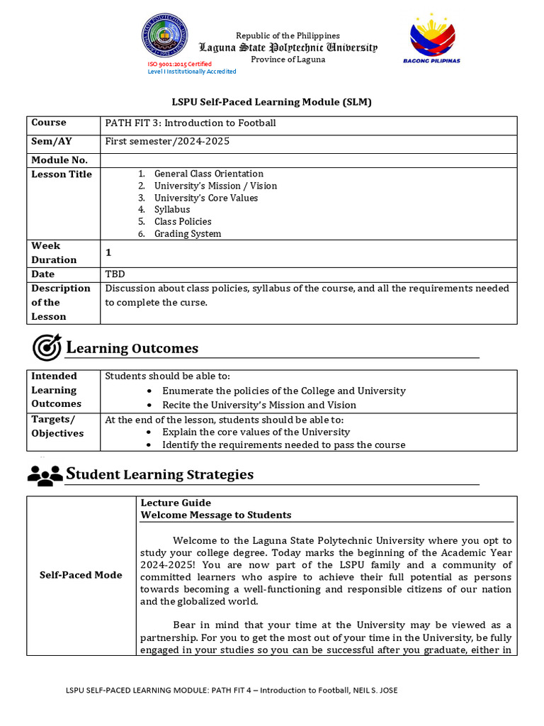 LSPU Self-Paced Module: Football Intro | PDF