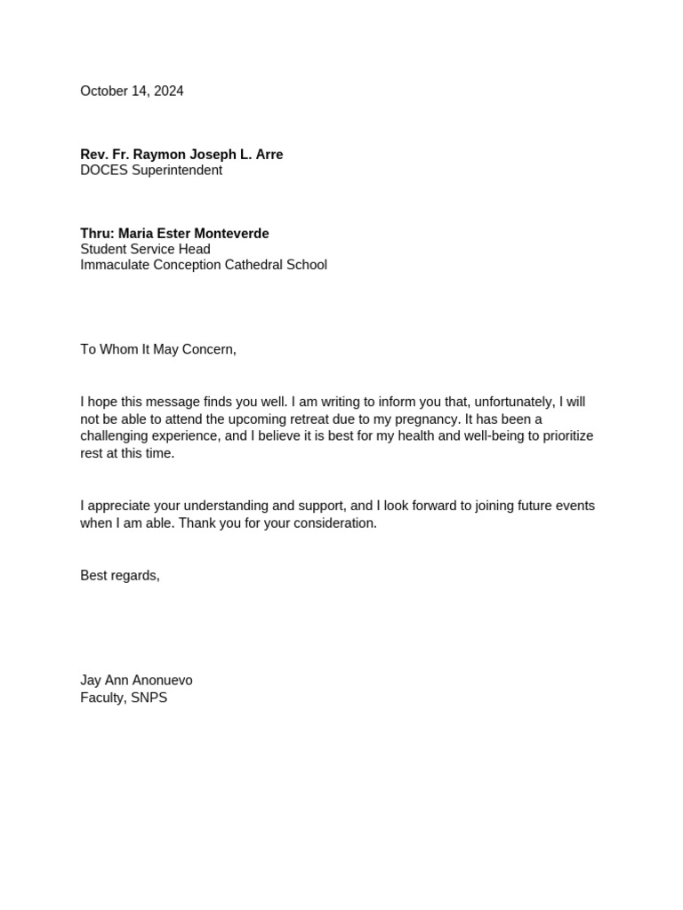Letter For Not Attending Retreat | PDF