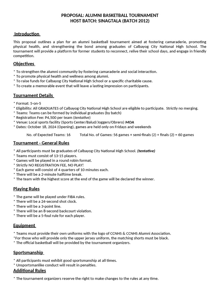 CCNHS' Alumni Basketball Tournament 2024 Proposal | PDF