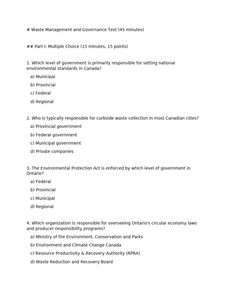 Waste Management and Governance Week One Sample Test | PDF