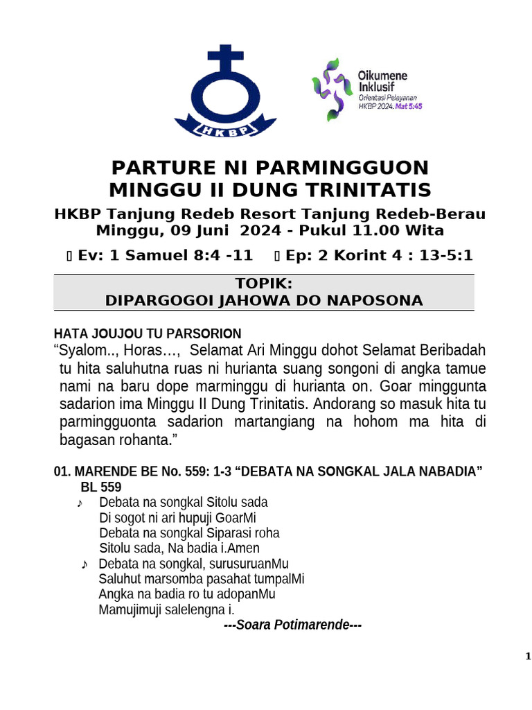 Minggu II Dung Trinitatis 09 Juni 2024 Batak Siang | PDF