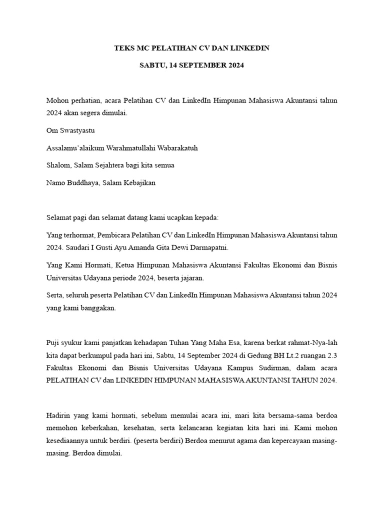 Teks MC Pelatihan CV Dan Linkedin Tahun 2024 | PDF