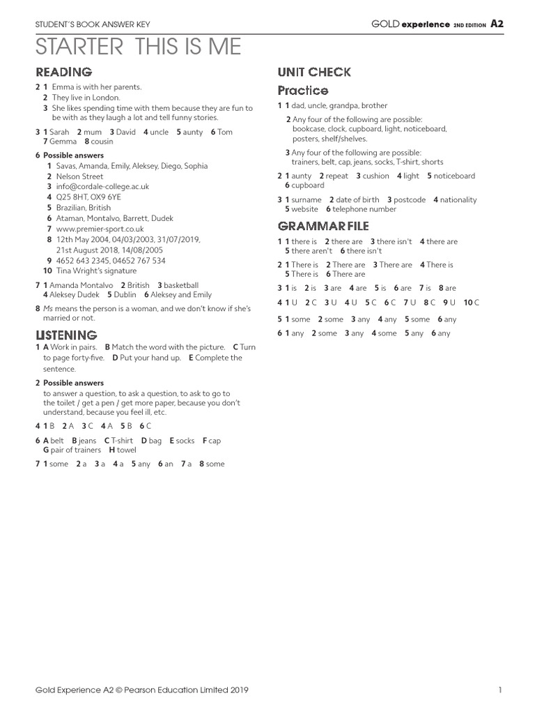 Gold Exp A2 SB Answer Key | PDF