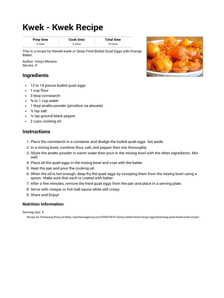 Kwek - Kwek Recipe (Fried Orange Quail Eggs) | PDF