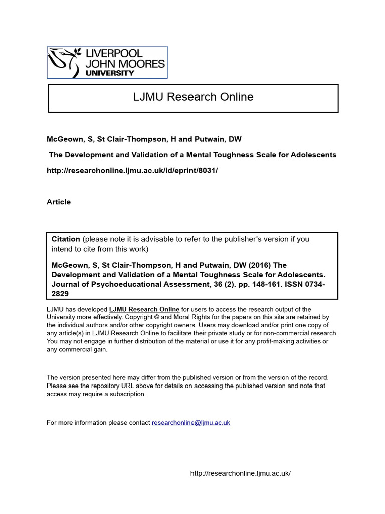 The Development and Validation of A Mental Toughness Scale For ...
