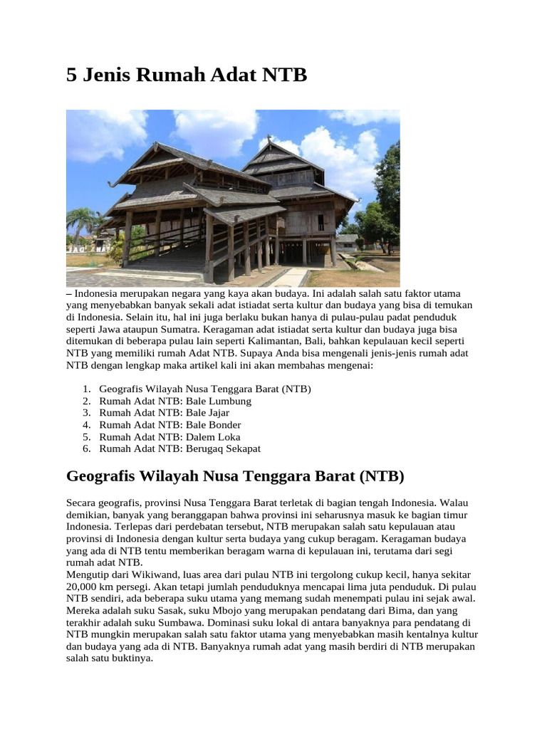 5 Jenis Rumah Adat NTB | PDF