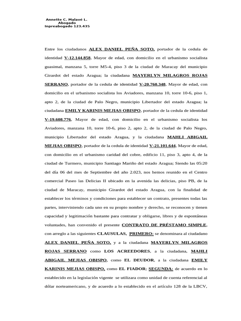 contrato de prestamo simple | PDF