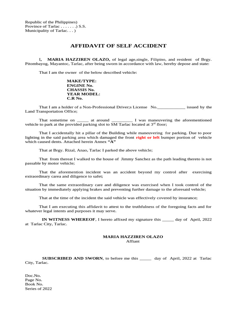 Self Accident Affidavit Template | PDF
