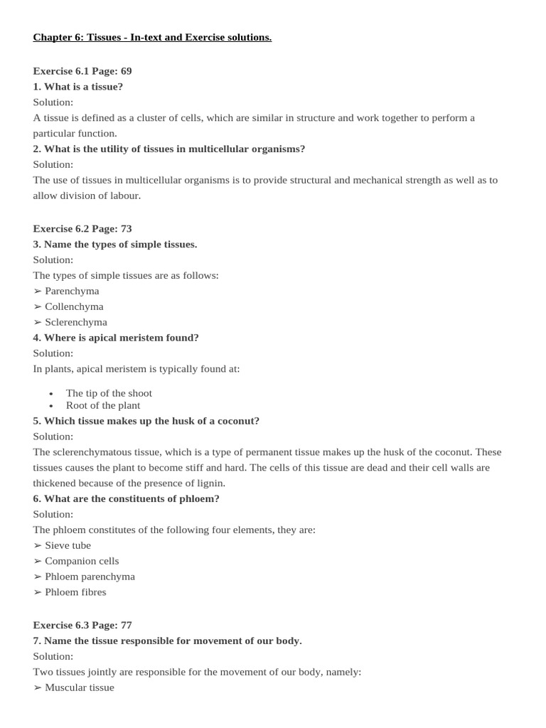 Chapter 2 Tissues In-Text & Exercise Solutions | PDF