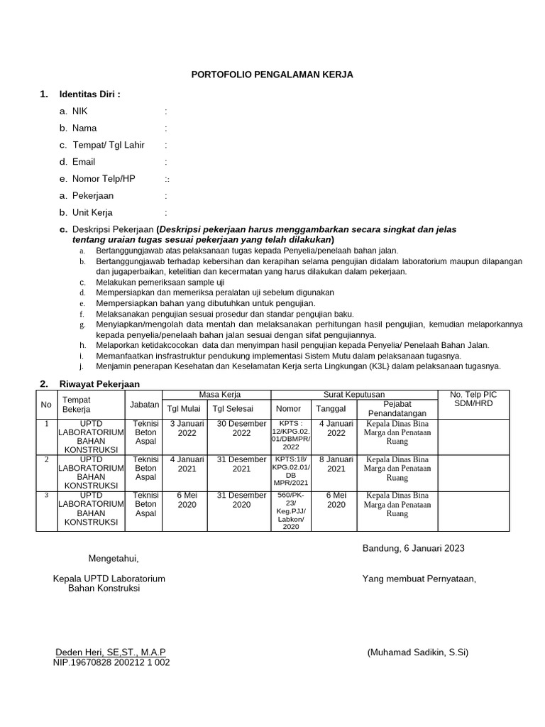 Contoh Format Portofolio Pengalaman Kerja Dan Surat Keterangan Kerja ...