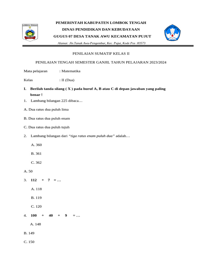 Soal Pts MTK Kelas 2 | PDF