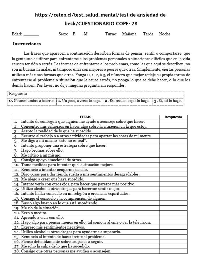 Cuestionario Cope 28 | PDF