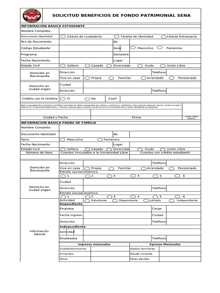 Solicitud de Beneficios FP Sena Formulario de Inscripcin | PDF