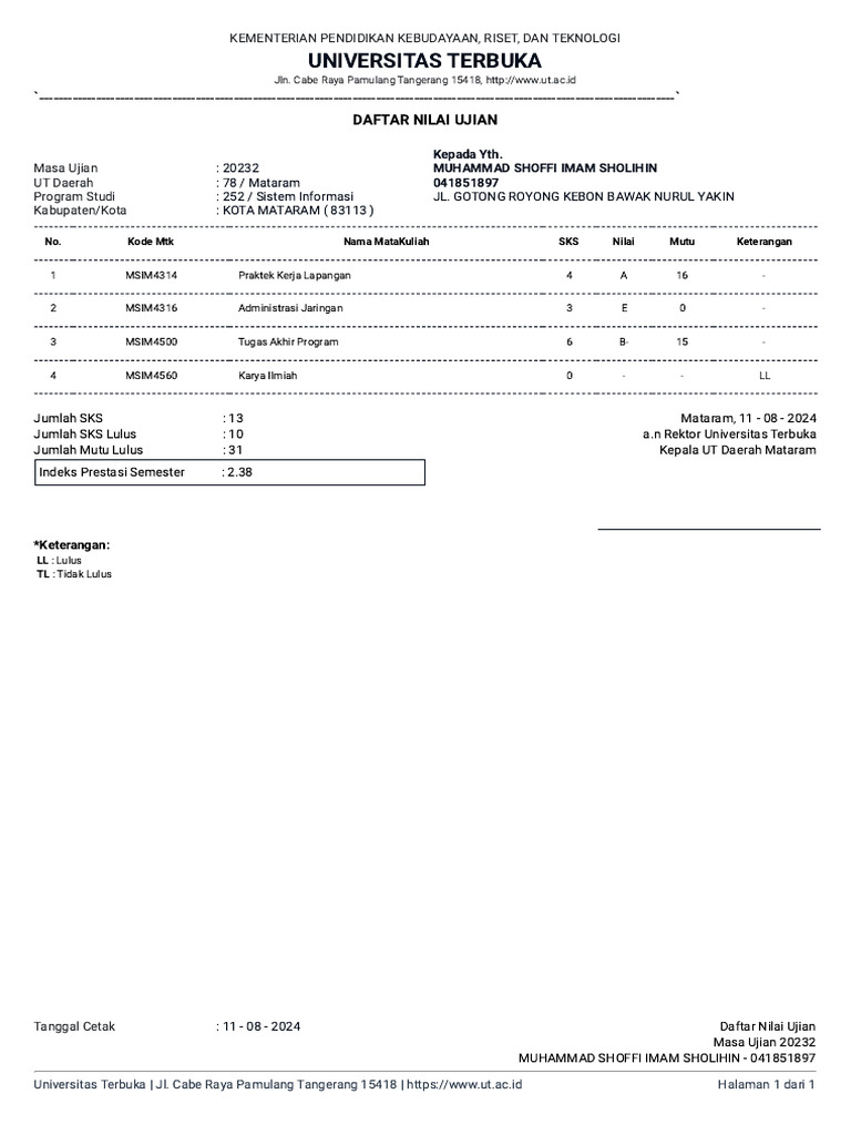 Nilai UT Terakhir | PDF