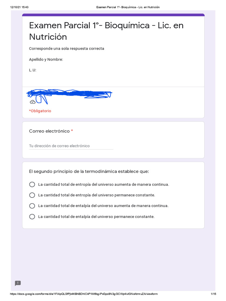 Examen Parcial 1° - Bioquímica - Lic. en Nutrición | PDF