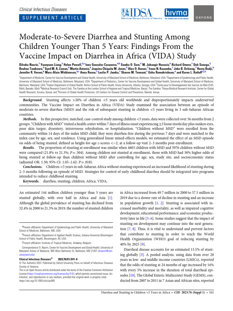 Moderate-to-Severe Diarrhea and Stunting Among Children | PDF ...