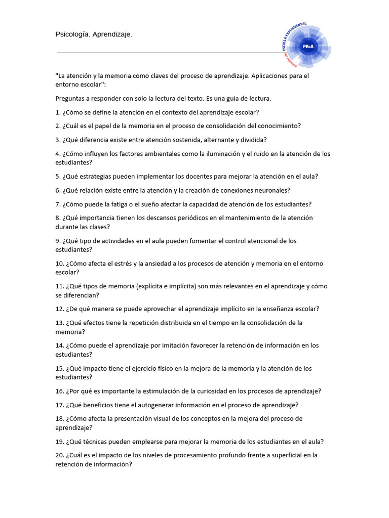 La Atención y La Memoria Como Claves Del Proceso de Aprendizaje ...