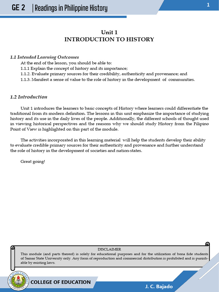 Unit 1 Introduction To History: 1.1 Intended Learning Outcomes | PDF