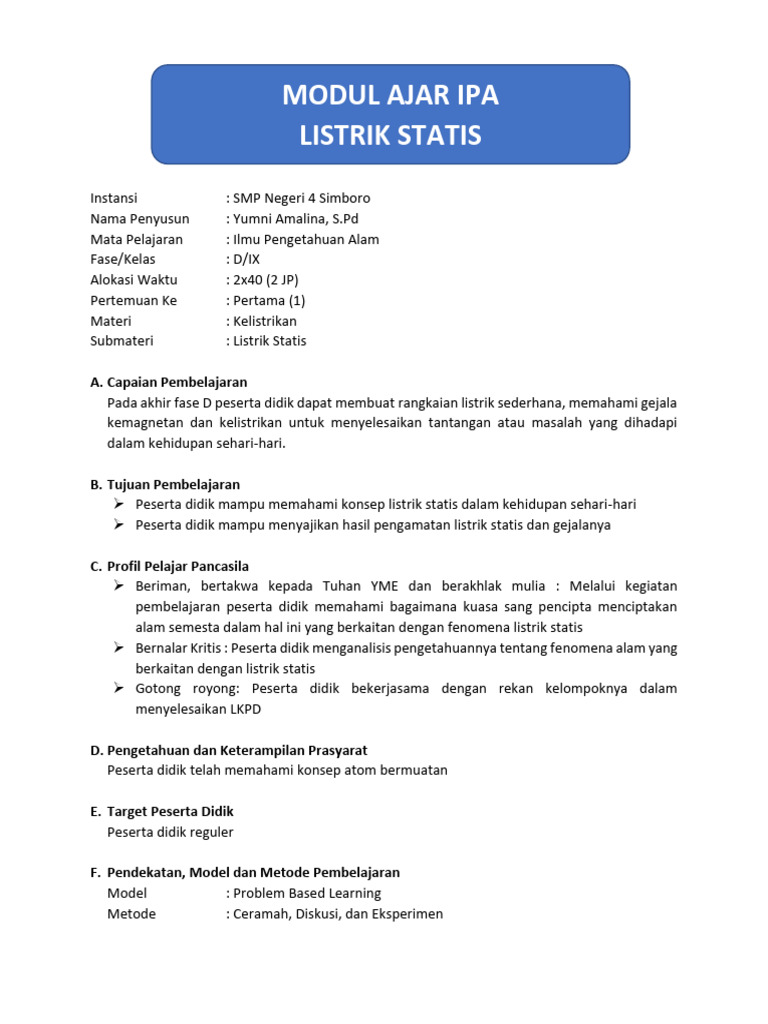 Modul Ajar Listrik Statis | PDF