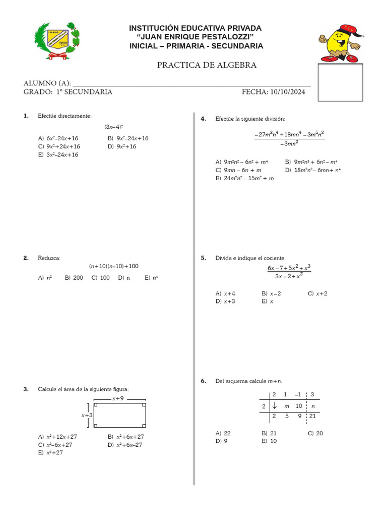 Practica de Algebra 1° Sec. | PDF