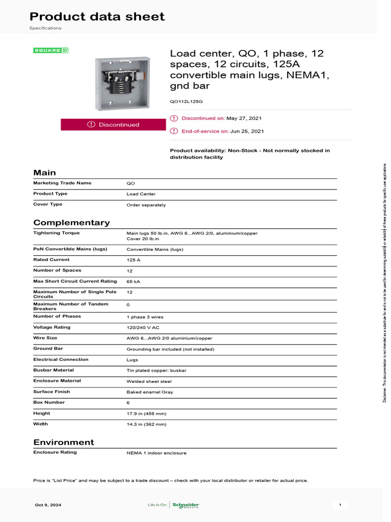 Schneider Electric QO-Load-Centers QO112L125G | PDF