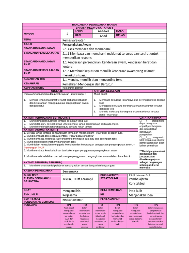 RPH Minggu 1 BM SK THN 5 2024 by Cikgu Gorgeous | PDF