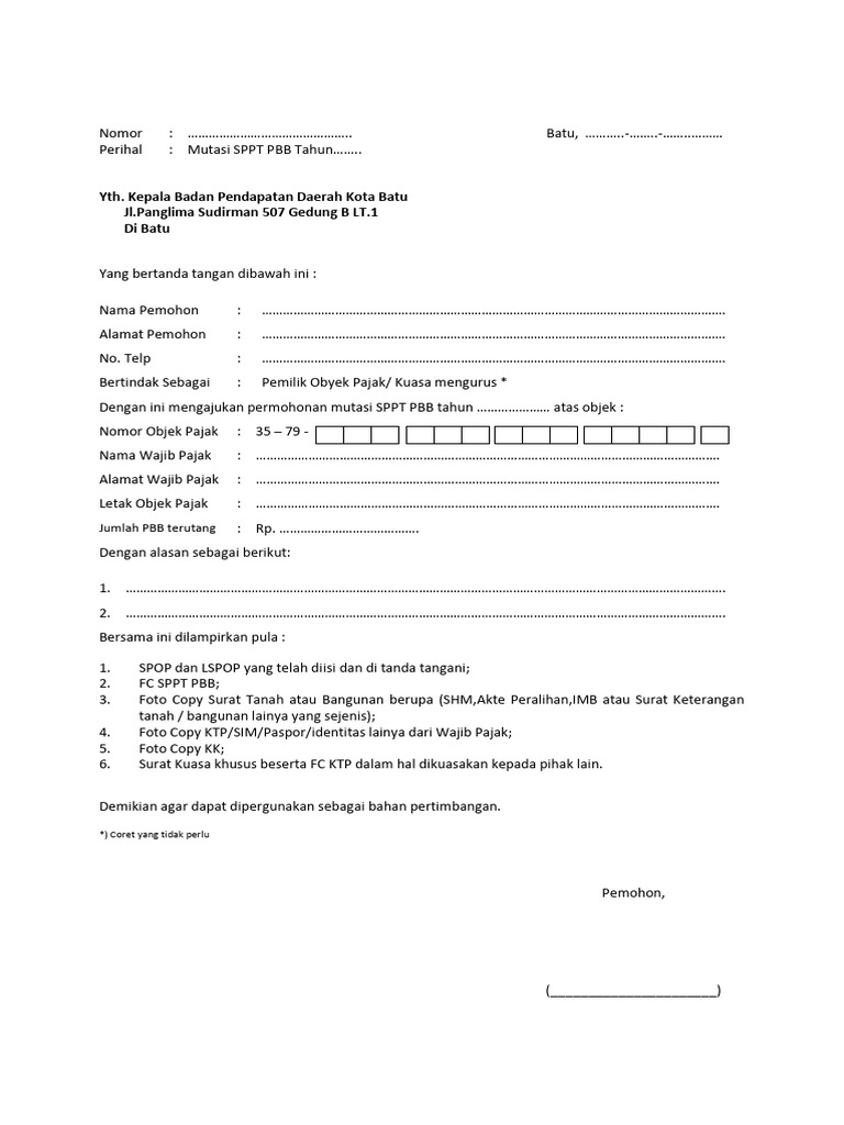 Form Mutasi SPPT PBB | PDF