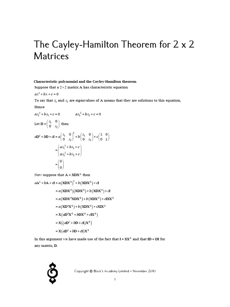 Cayley Hamilton Theorem For 2 X 2 Matrices | PDF