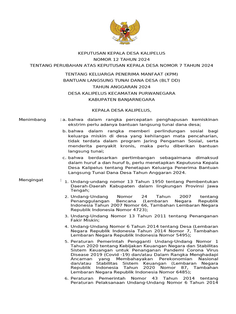12.SK Penetapan Perubahan KPM BLT Dana Desa Tahun 2024 Kalipelus | PDF
