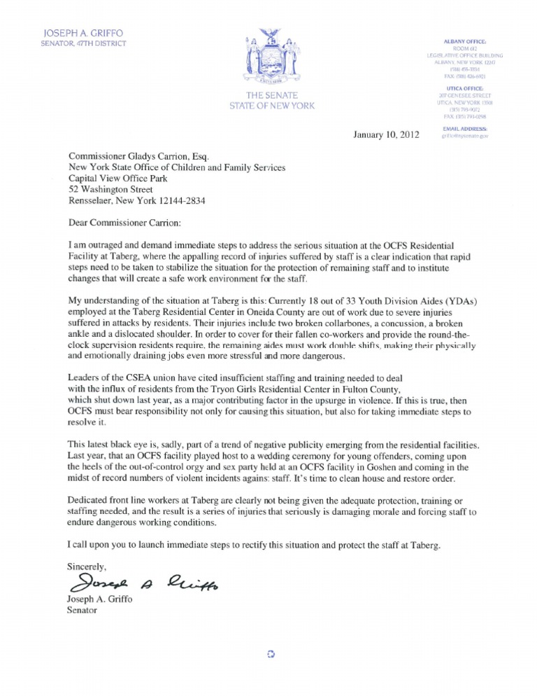 Griffo Letter To OCFS | PDF | Violence | Wellness