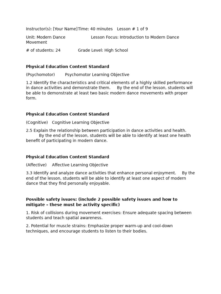 Modern Dancing Lesson Plan | PDF