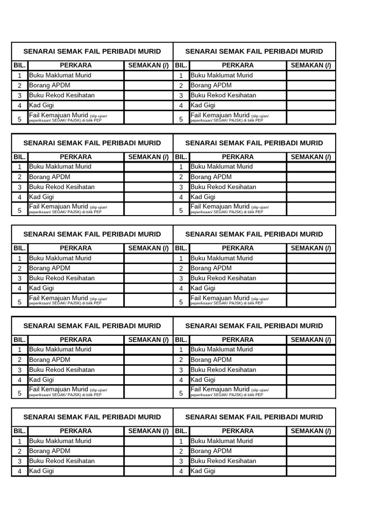 Senarai Semak Fail Peribadi Murid 2023 | PDF