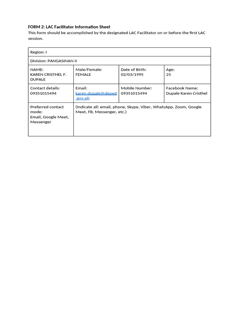 Form 2. LAC Facilitator Information Sheet | PDF