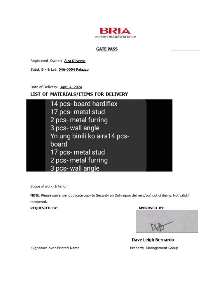 List of Materials/Items For Delivery: Gate Pass | PDF