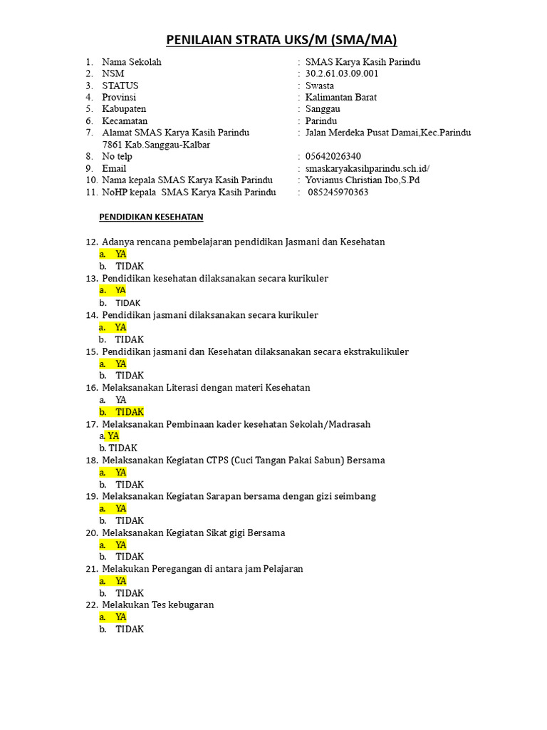 Penilaian Strata Uks Sma-Ma | PDF