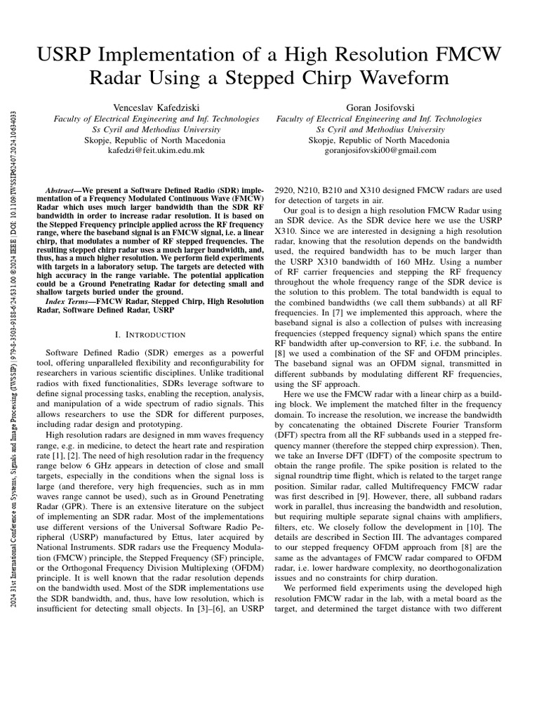 Usrp Implementation Of A High Resolution Fmcw Radar Using A Stepped Chirp Waveform Pdf