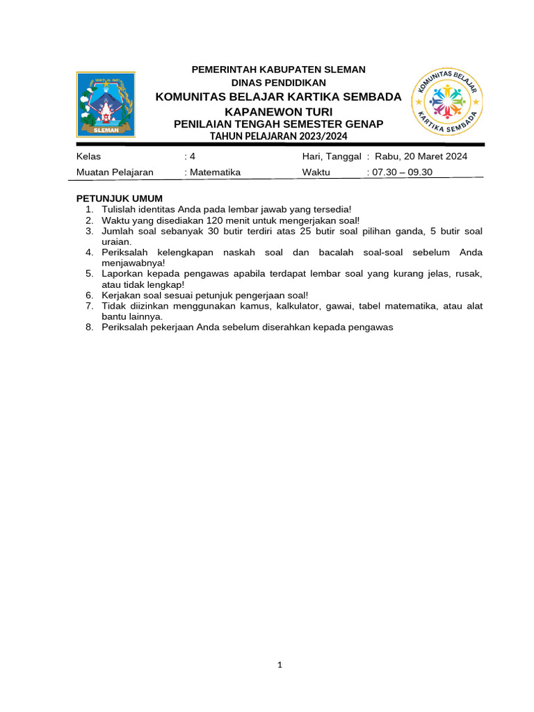 Soal PSTS MTK Kelas 4 2023-2024 Semester 2 | PDF