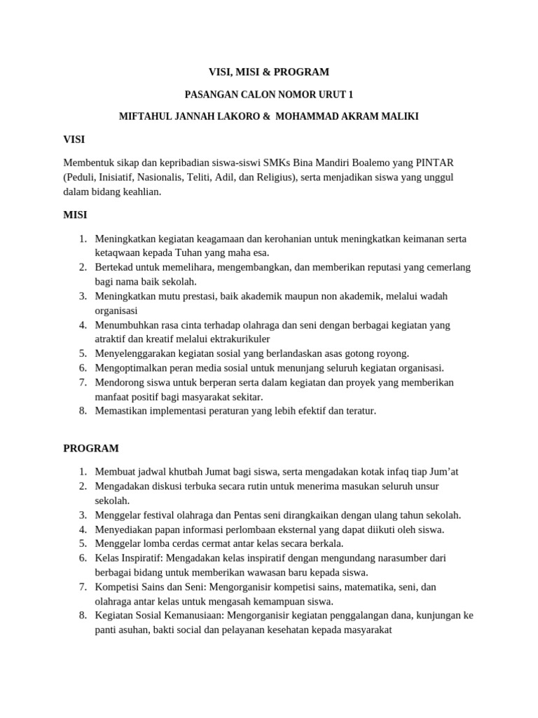 Visi Misi Paslon 1 | PDF