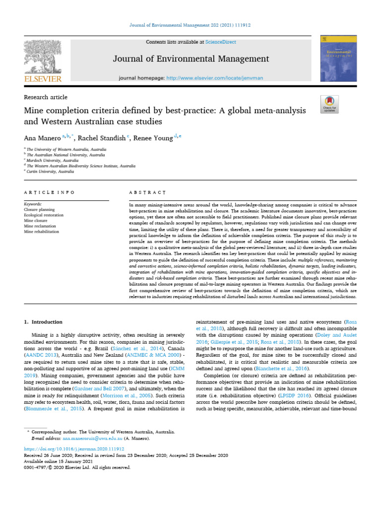 Mine Completion Criteria Defined by Best-Practice - A Global Meta ...