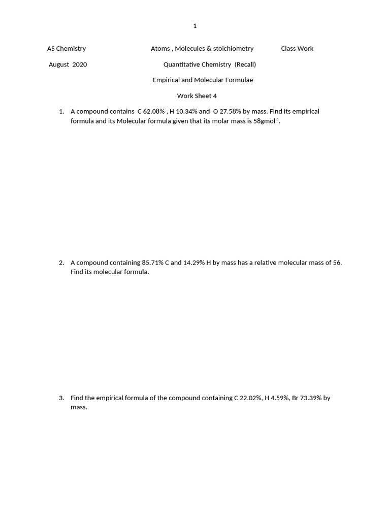 as chemistry class work empirical formula stoichiometry Worksheet 4 | PDF