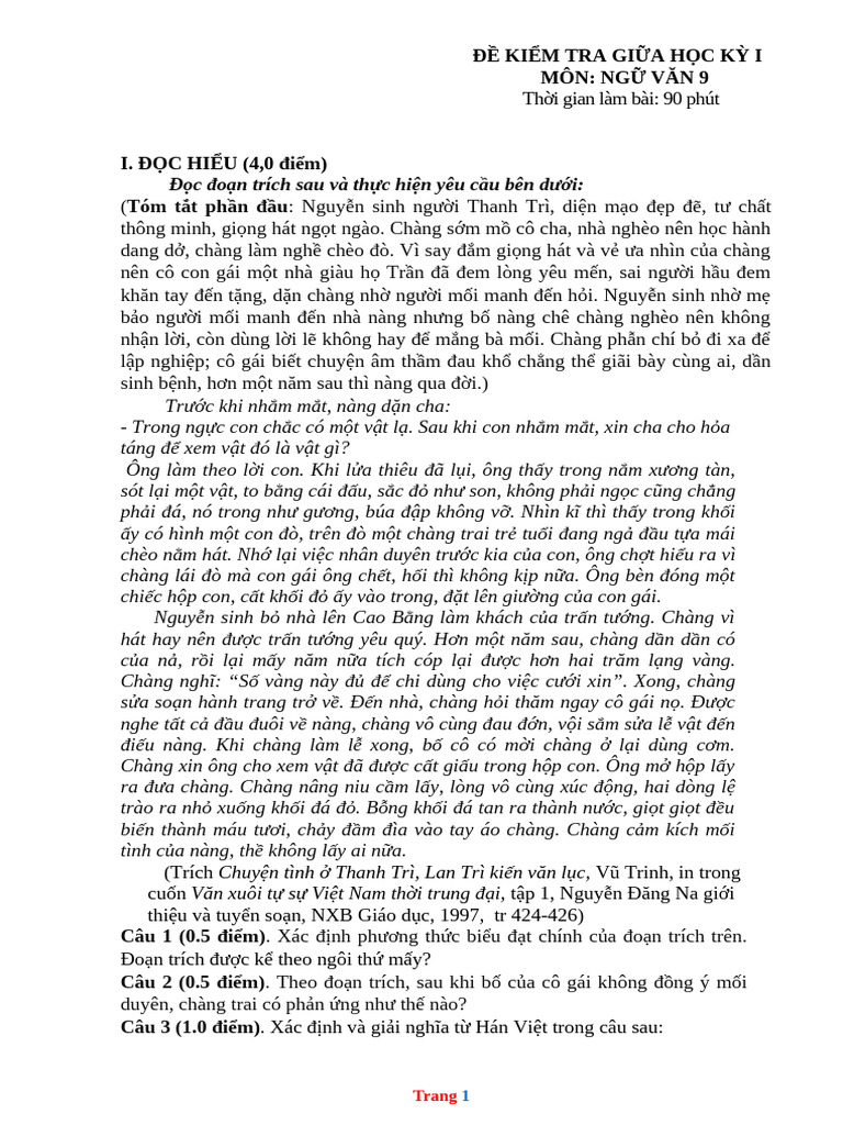 De Kiem Tra Giua HK1 Ngu Van 9 | PDF