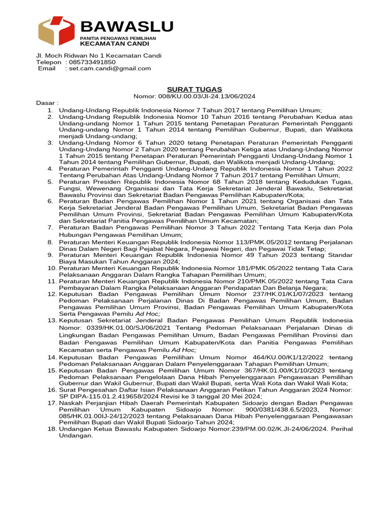 Bawaslu: Surat Tugas | PDF