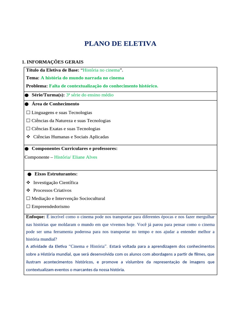Plano de Eletiva | PDF