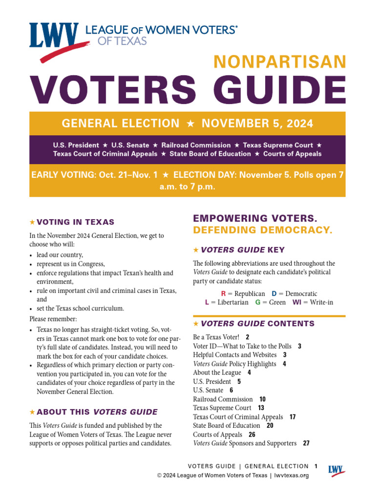 League of Women Voters of Texas 2024 General Election Non-Partisan ...