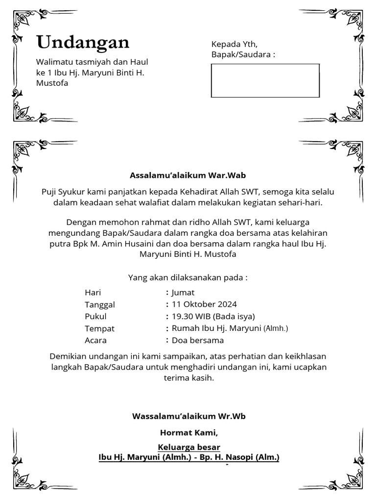 Undangan Khoul Dan Walimah Aqiqoh | PDF